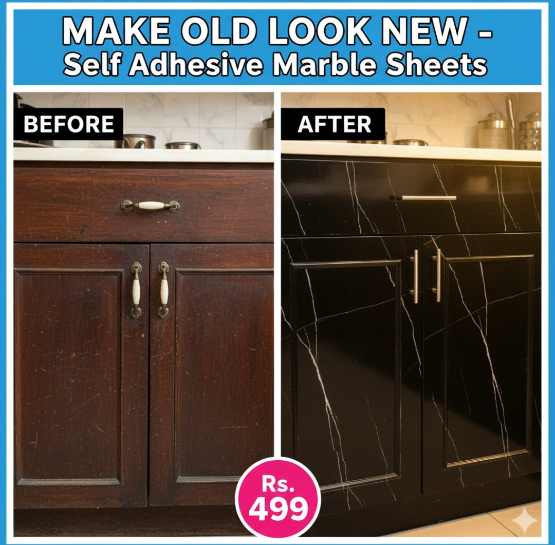 Self Adhesive White & Black Marble Sheet Sticker For Kitchen, Cupboard ...